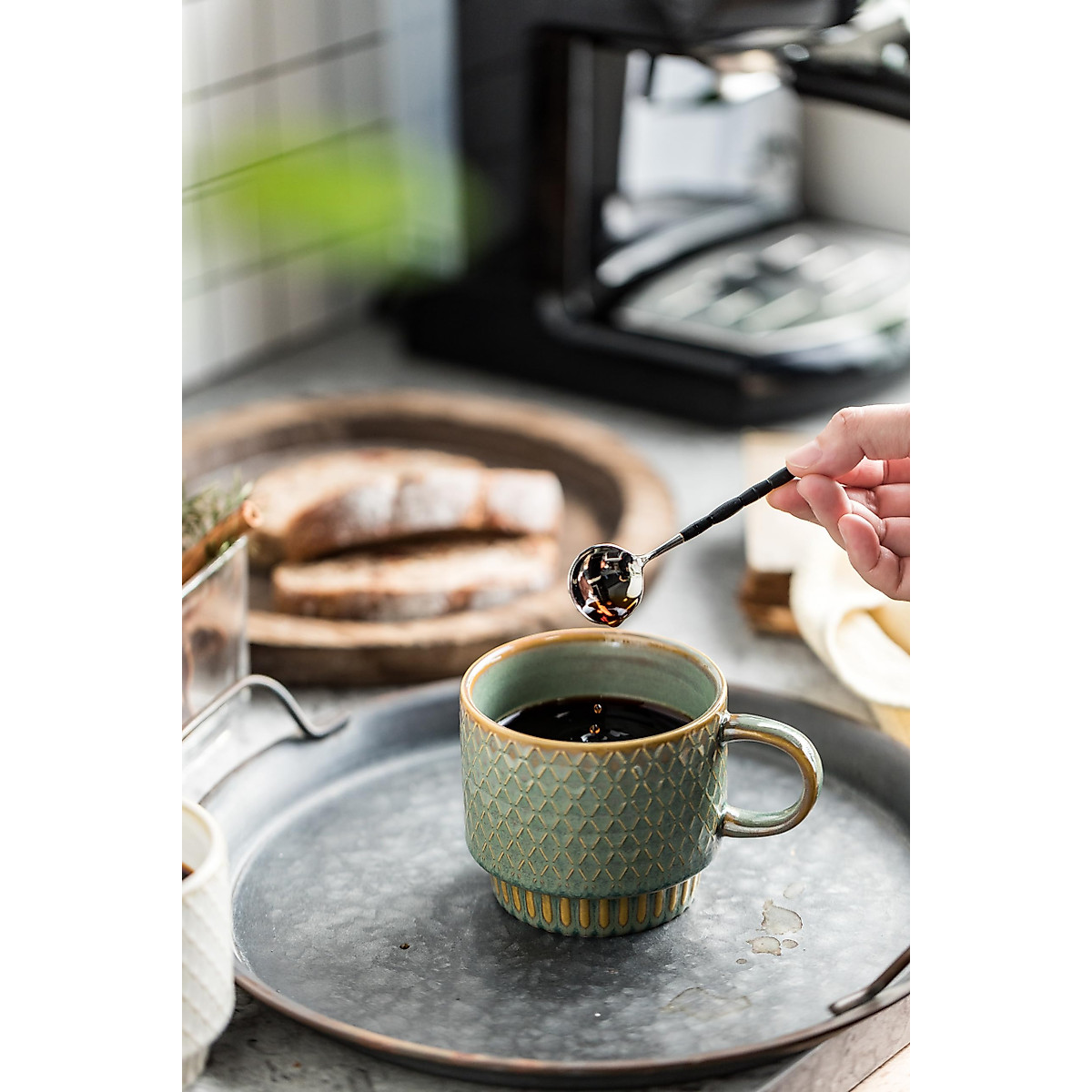 LYEOBOH Coffee Mug, Coffee Mugs Set of 4, Stackable Coffee Mugs with Rack and Spoons - 13 Oz Coffee Cup Set with Stand, Ceramic Coffee Mugs for Home & Kitchen, Blue and Green