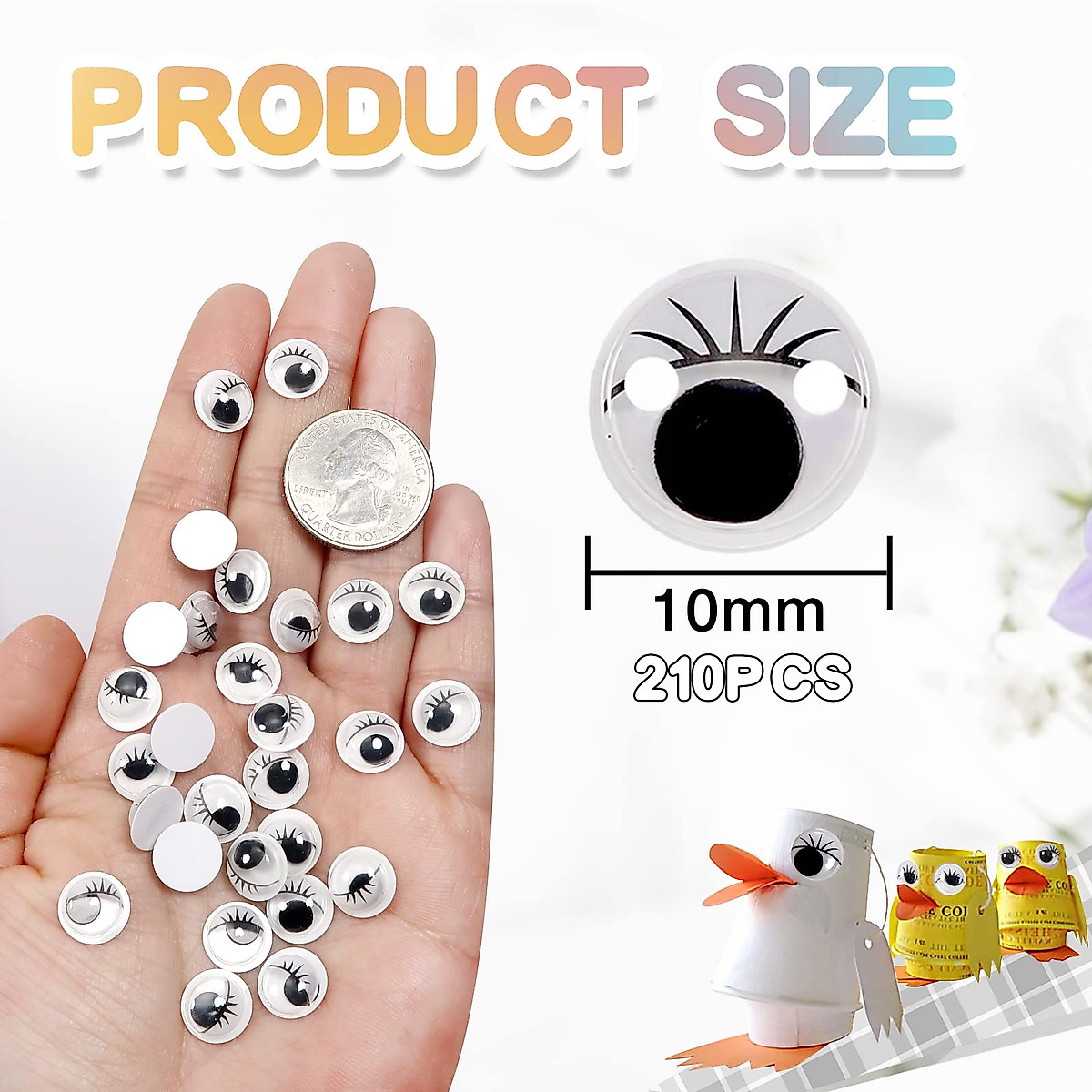 TOAOB 210pcs Black Wiggle Googly Eyes Self Adhesive with Eyelashes Round 10mm Plastic Sticker Eyes for DIY Crafts Scrapbooking Decoration