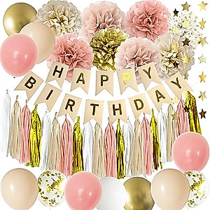 ANSOMO Retro Pink Happy Birthday Party Decorations Dusty Rose Gold Nude Blush Apricot Tan Kraft Paper Banner Balloons Rustic Boho Décor Supplies Women Girls Baby Tassel Garland