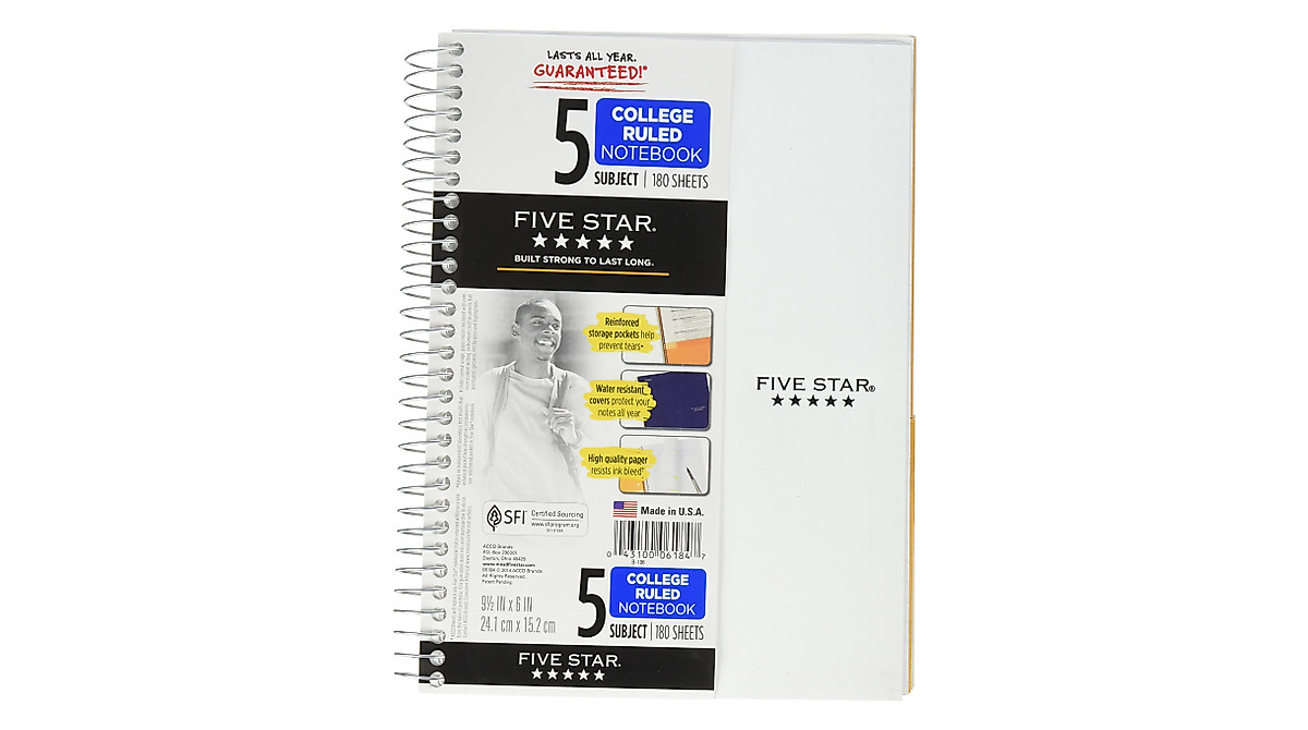 Five Star 5 Subject Spiral Notebook - Durable, Organized & College Ruled