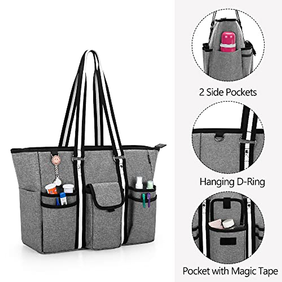 CURMIO Nurse Tote Bag with Additional Bottom Support for Home Health Care, Clinical Bag for Nursing Students, Doctors, Medical Assistants, Gray (Empty Bag Only, Patented Design)