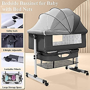 Kaptin Baby Bassinet Bedside Crib, Bedside Sleeper for Baby, Heigt Adjustable Crib with Wheels, Easy Folding Portable Baby Cradle with Large Storage Basket, for Infant/Baby/New Born (Grey)