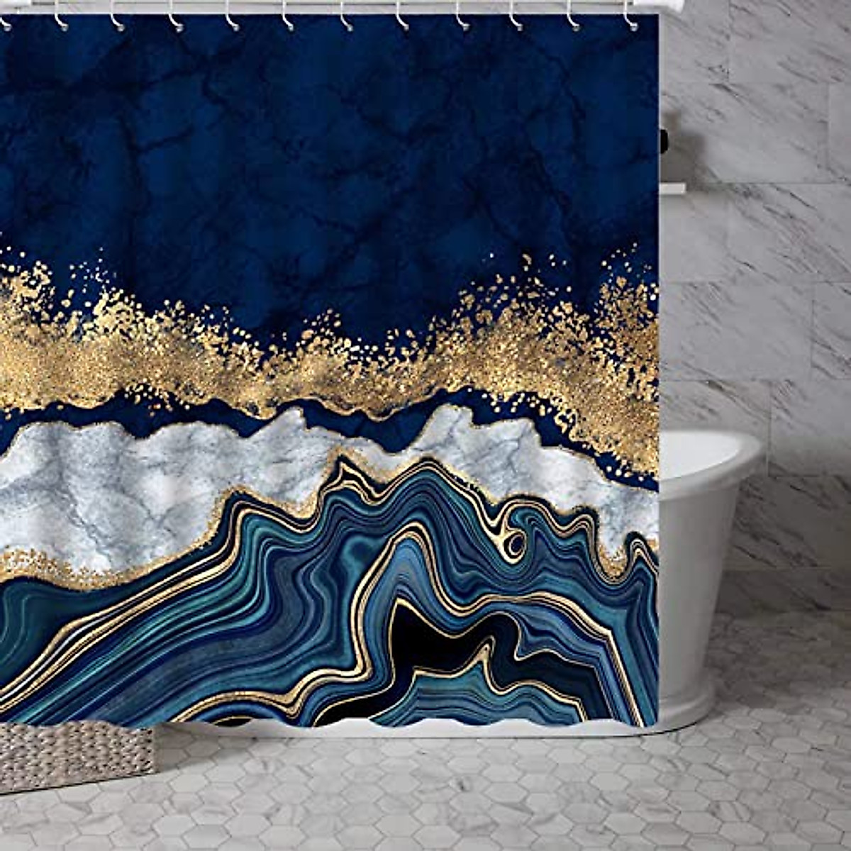 HOMAEUPIN 4 PCS Gold Marble Shower Curtain Sets with Non-Slip Rugs, Toilet Lid Cover, Bath U-Shaped Mat, Luxury Modern Marble Bathroom Sets with Rugs and 12 Hooks Accessories,Gold Dark Blue