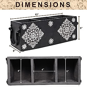 Mela Artisans 3-Slot Wooden Desk Organizer – “Mehndi” Utensil Caddy for Kitchen Countertop, Desk, & More - Dark Grey Cutlery Caddy w/ Black Powder Coating Handle -Office Supplies Organizer -13”x5”x5