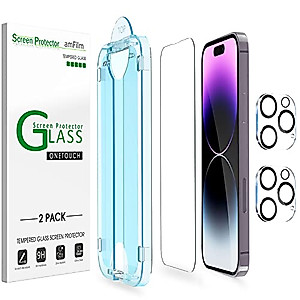amFilm OneTouch Glass Screen Protector for iPhone 14 Pro 6.1 Inch 2022 with Camera Lens Protector, Easiest Installation, Dynamic Island Compatible, Bubble Free, Tempered Glass, 2+2 Pack
