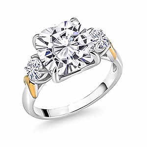 Gem Stone King 925 Sterling Silver and 10K Yellow Gold Cushion 10MM Gemstone Birthstone and Round 4MM White Moissanite 3 Stone Ring For Women Available In Size 5, 6, 7, 8, 9