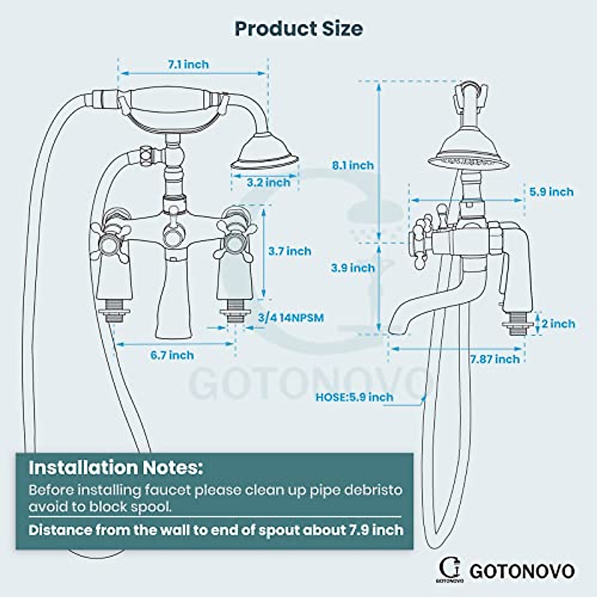 gotonovo Deck Mount Tub Bathtub Faucet Clawfoot with Handheld Shower 6 Inch Brushed Nickel Telephone Shaped Sprayer Showerheld Double Cross Handle