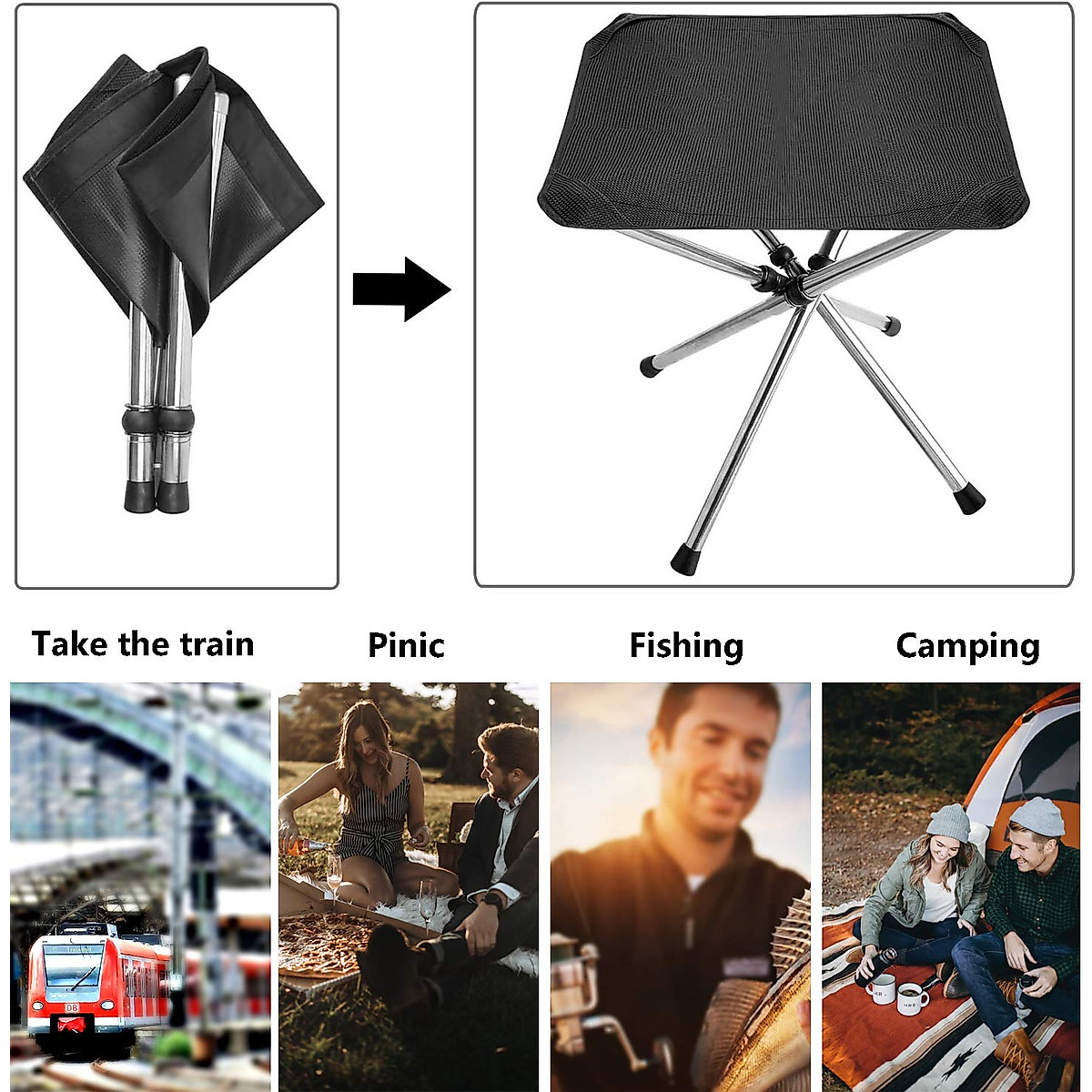 Camping Stool,Portable Chair 12.6 inch Large-Size Lightweight Camping Stool, Stainless Steel Outdoor Foldable Chair for Camping, Travel, Hiking, BBQ, Fishing, Garden, Beach(Black Large)