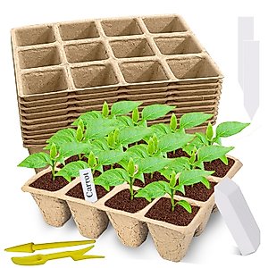 Doubleggs 120 Cells Seed Starter Tray, 10 Packs Biodegradable Peat Pots for Seedlings, Organic Germination Plant Starter Kit with 100 Labels and 2 Transplant Tools
