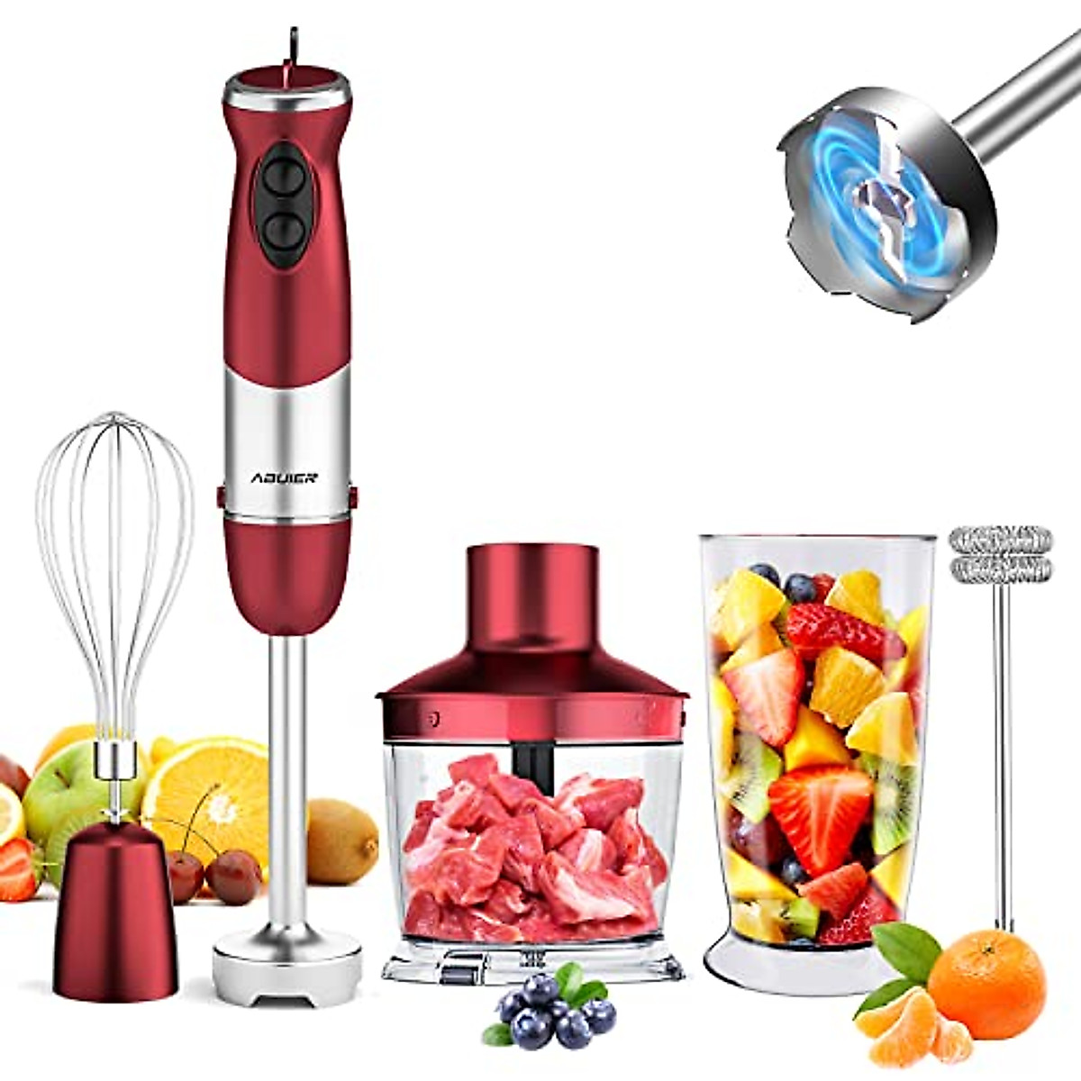 Immersion Blender Hand Blender, Abuler 800W Hand Mixer Stick, 5-in-1, 12 Speed BPA-Free Stick Blender 304 Stainless Steel, Chopper, Whisk, Milk Frother, Beaker, Smoothies, Milkshake, Purée Baby Food, Sauce, Dips, Mayo