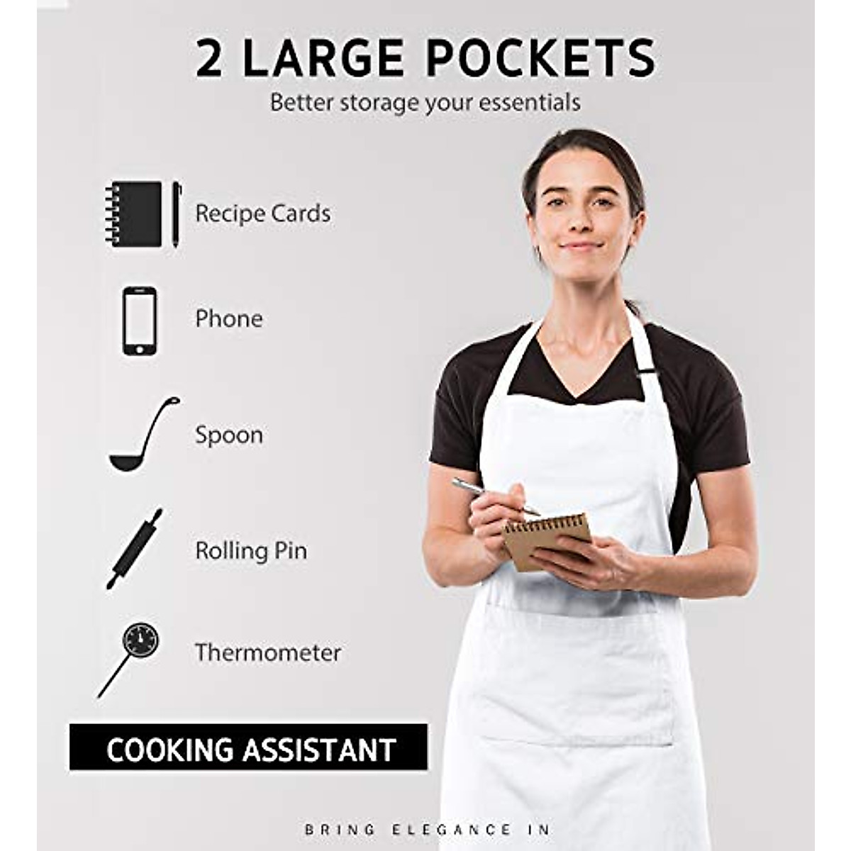 Syntus 2 Pack Adjustable Bib Apron Thicker Version Waterdrop Resistant with 2 Pockets Cooking Kitchen Aprons for Women Men Chef, White & Black