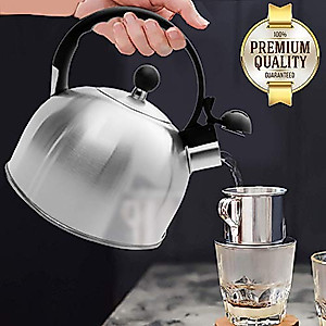 2.5 Liter Whistling Tea Kettle - Modern Stainless Steel Whistling Tea Pot for Stovetop with Cool Grip Ergonomic Handle (Stainless Steel)
