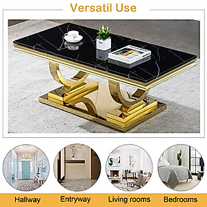 47" Rectangular Marble Coffee Table, Modern Luxury Living Room Center Table, Mid-Century Elegant Black Faux Marble Cocktail Table with O-Shape Gold Mirrored Stainless Steel Pedestal Base