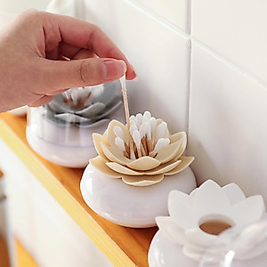 Cotton Swab Holder with Lid,Lotus Shaped Cotton Swab Box,Toothpicks Storage Box Holder,Cotton Ball Holder,Flower Bathroom Decor Table Decorate (Beige)