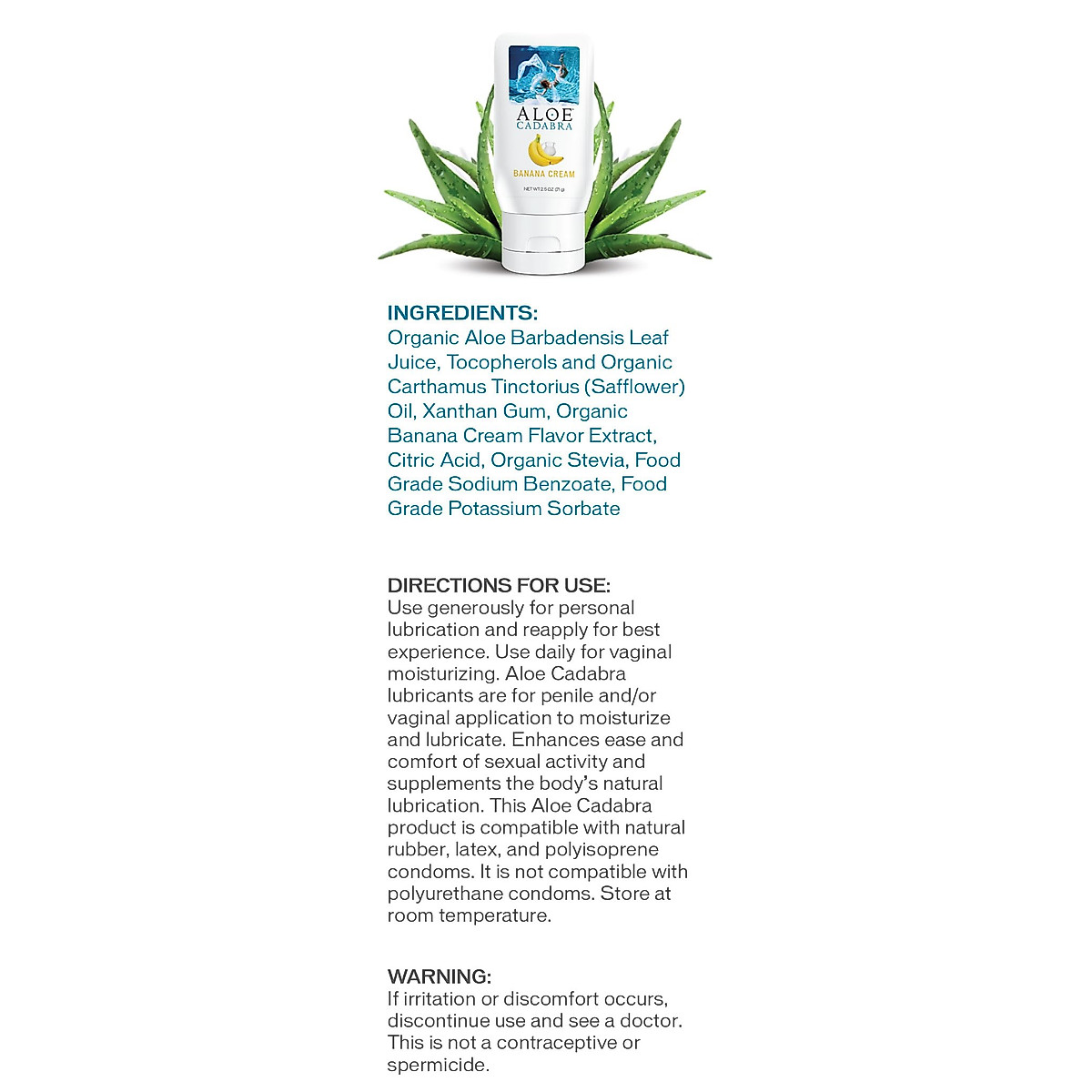 Aloe Cadabra Flavored Personal Lubricant and Vaginal Moisturizer, Organic Edible Aloe Lube for Men, Women, and Couples, Non-Staining, pH Balanced, Toy Compatible (Banana Cream, 2.5 Ounces, 1 Pack)