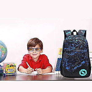Backpack for Kids Boys Elementary Bookbag 17 Inch Middle School Bag Primary Waterproof Rucksack for Teens Travel Fits Ages 6+ YO（Graffiti-Blue Black)