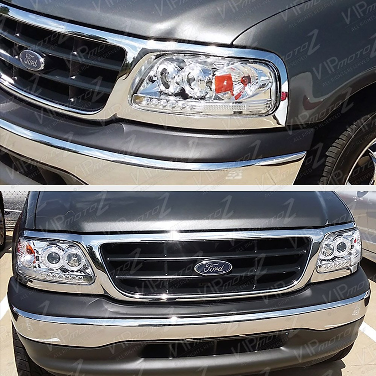[For 1997-2003 Ford F150 Pickup Truck] LED Halo Ring Chrome Housing Projector Headlight Headlamp Assembly, Driver & Passenger Side