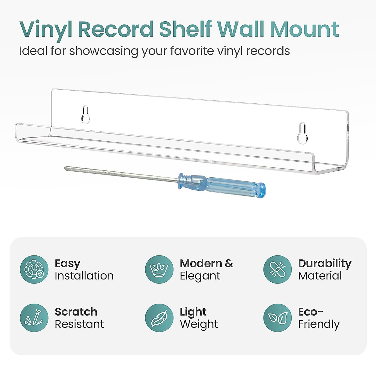12-inch Clear Acrylic Vinyl Record Shelf Wall Mount, 6-Pack Floating Album Display for Vinyl Records, Books, and Décor – Perfect for Living Room, Bedroom, Bathroom, or Kitchen, Easy to Install