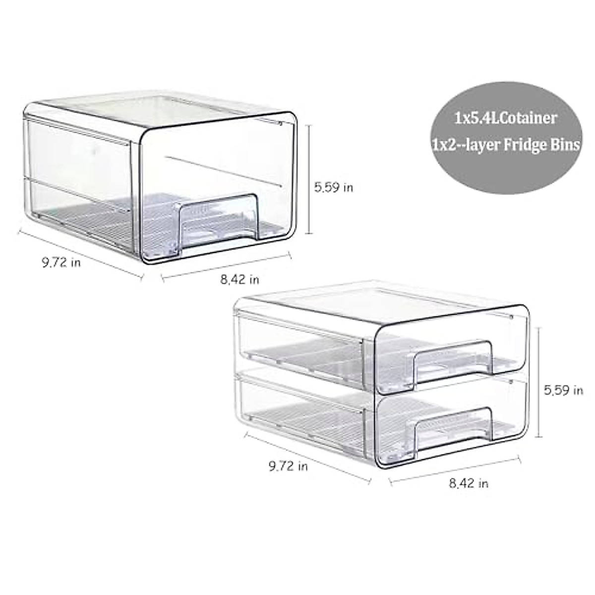 YouLike 2pack Stackable Fridge Drawers Pull Out Bins for Refrigerator Organizer Clear Food Storage Container Set With Drain for Pantry Kitchen Cabinet Office Organization
