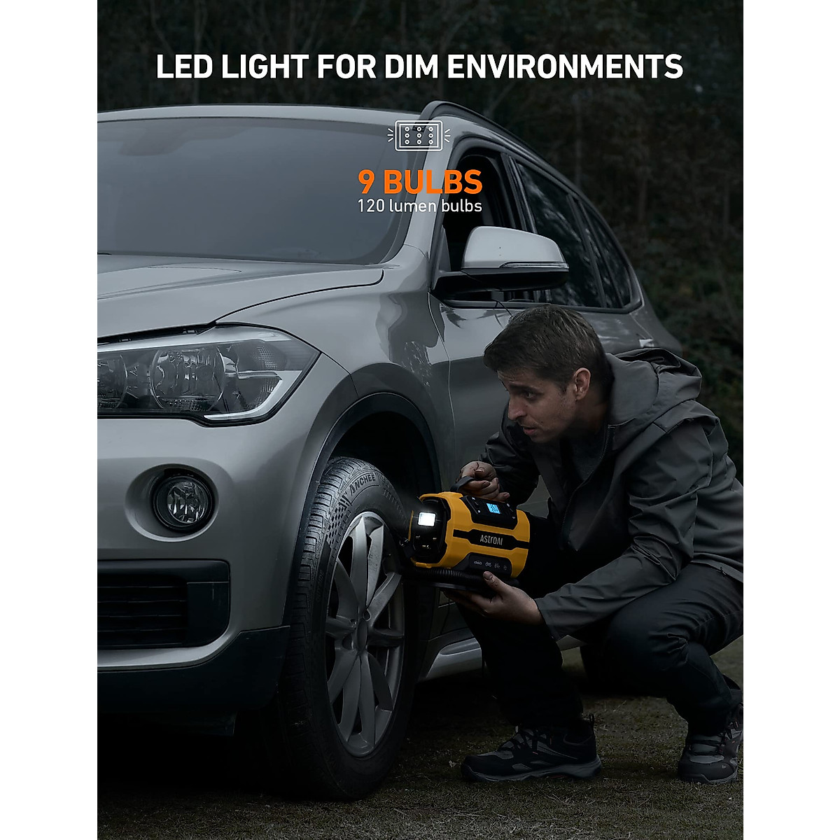 AstroAI Tire Inflator Portable Air Compressor Pump 150PSI 12V DC/110V AC with Dual Metal Motors &LED Light， Automotive Car Accessories&Two mode for car, bicycle tires and air mattresses, Yellow