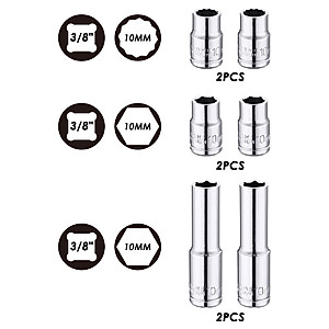 MIXPOWER 6PCS 3/8"Drive 10mm Deep&Shallow Socket, CR-V, Metric, Mirror Finish, 6 Point & 12 Point