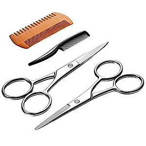 TecUnite 4 Pieces Beard Trimming Scissors Set, Grooming Scissors for Men and Mustache Beard Comb Beard Grooming Trim Scissor Kit with Storage Bag