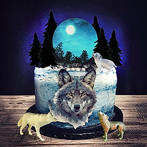 13 PCS Wolf Cake Topper Full Moon Cake Decor with Animal Figurine for Baby Shower Wolf Themed Wedding Birthday Party Supplies (Gray)