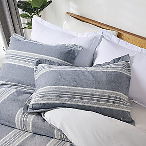 David's Home 100% Washed Cotton Duvet Cover Set King Size, Chambray Stripe Duvet Cover with Pillow Shams, 3pcs Ultra Soft and Breathable Bedding, 104x 90 Inches, Blue Beige
