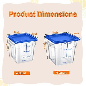 Suclain 8 Pcs Restaurant Food Storage Containers with Lids Set 4qt and 6qt Square Clear Commercial Containers with Scales Handles for Home Marinating Meat Proof Dough Kitchen Food Storage(Blue)