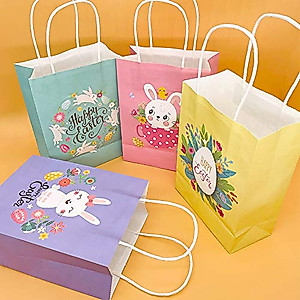 20 Pieces Happy Easter Day Treat Bags with Handles Large Goodie Gift Bags Recycled Cardboard Bags for Kids School Classroom Party Favor Supplies Decor Bunny and Eggs Easter Basket Containers