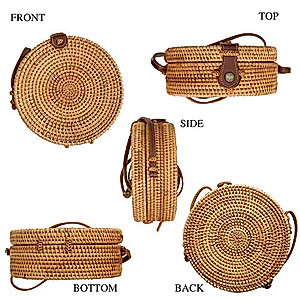 Aviboo Handwoven Round Rattan Straw Crossbody Bags for Women 8” with Adjustable Two-Layer Genuine Leather Strap with Bonus - Rattan Bracelet