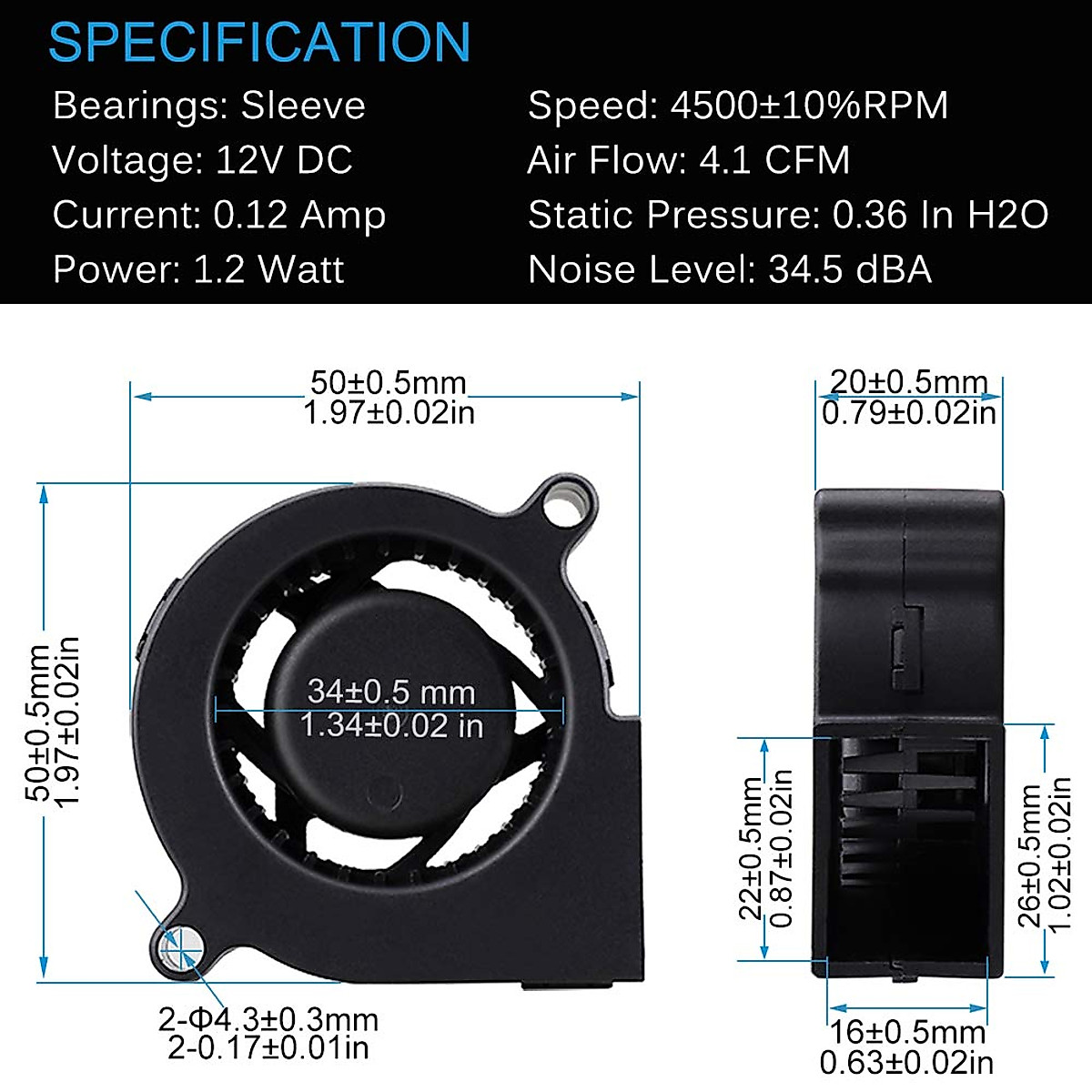 GDSTIME 50mm Turbo Cooling Fan, 12v Blower Fan, 50mm x 20mm DC Brushless Blower Fan Diagonal Hole Distance 57MM