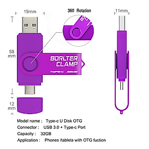 32GB USB Type-C Flash Drive, BorlterClamp USB C 3.0 Jump Drive Memory Stick Dual Port for Android Smartphones Samsung Galaxy S10/S9/S8/Note 9, LG, Huawei, Tablets & Computer (Purple)