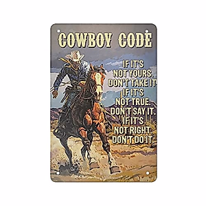 Vintage Tin Sign Art Cowboy Metal Poster Cowboy Metal Tin Signs Cowboy Riding Horse Cowboy Code Poster Retro Metal Logo Poster Home Kitchen Bar Cafe Bathroom Wall Decor Gifts 8x12 inch
