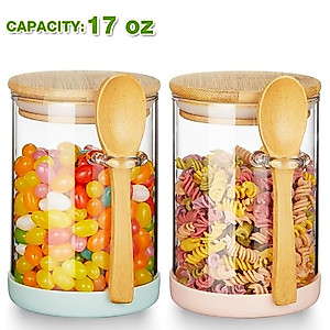 Qipecedm Set of 2 Glass Jars Containers with Bamboo Airtight Lids & Spoons, 17 oz Borosilicate Glass Jars, Clear Food Storage Canister for Cookie, Candy, Coffee, Sugar, Matcha Tea, Flour, Nuts & More