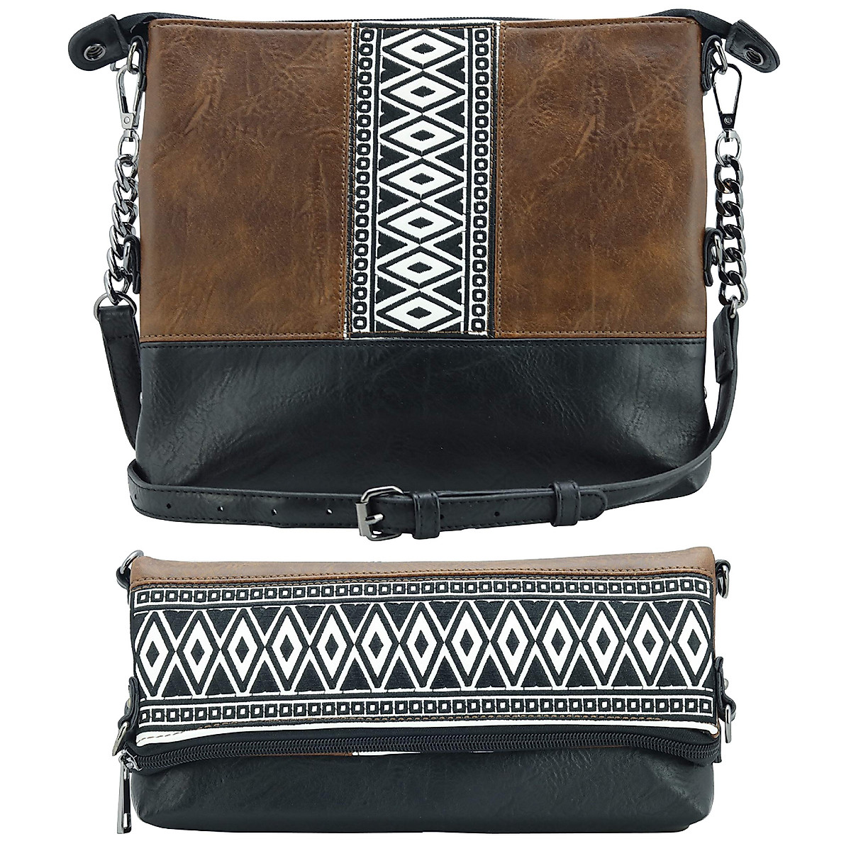 K&Bo Juniper Women’s Chain Crossbody Handbag Purse Brown, Boho Embroidered Medium, Converts to Clutch Bag, Lightweight