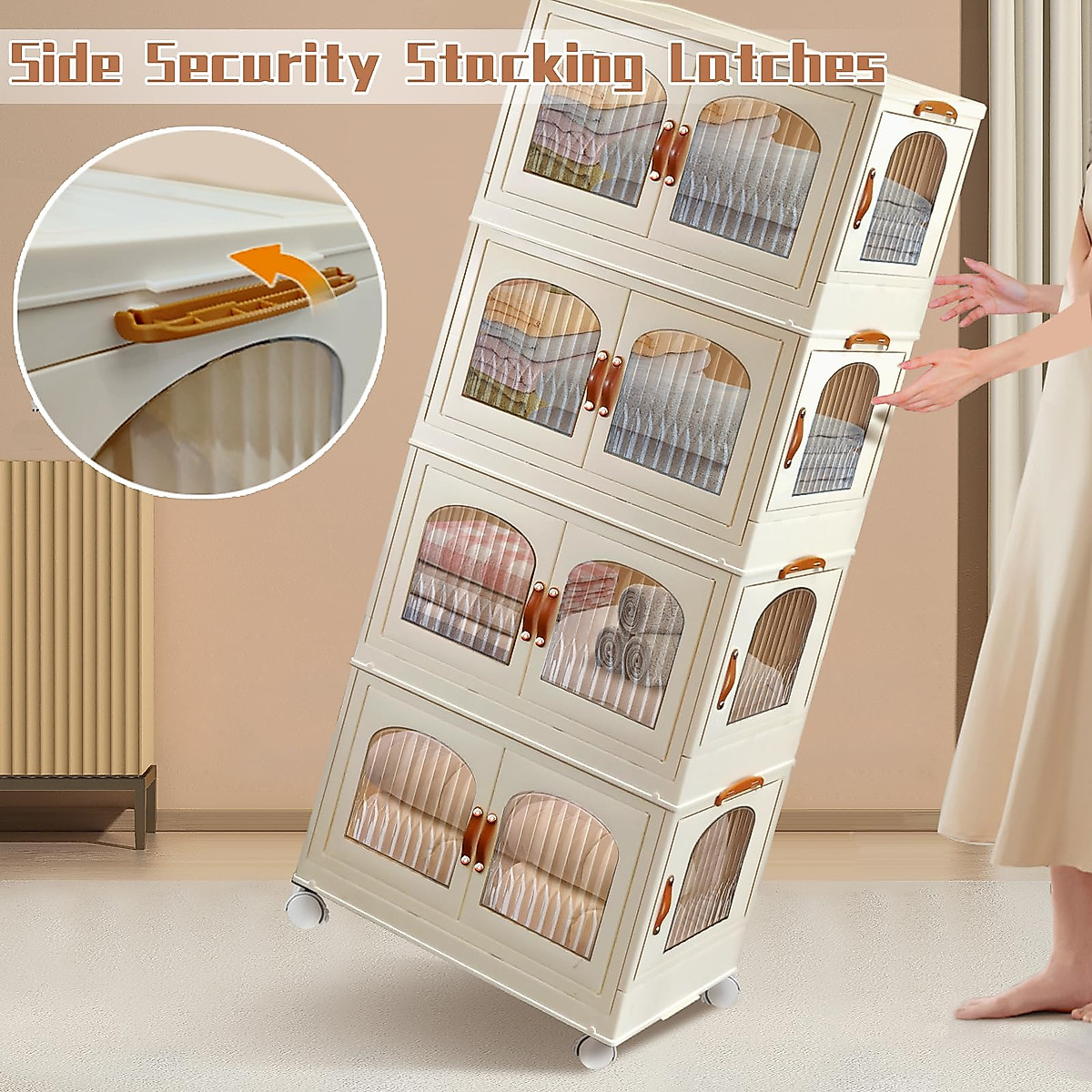 KEJONE Large Storage Bins with Lids, 76 Gal Foldable Closet Bins, 4 Pack Plastic Bins For Storage and Organization, Stackable Storage Containers For Clothes, Storage on Wheels with 4 Doors