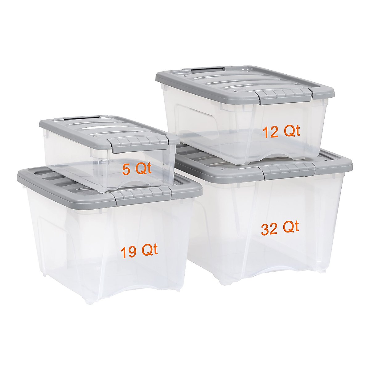 Amazon Basics 5 Quart Stackable Plastic Storage Bins with Latching Lids- Clear/ Grey- Pack of 10