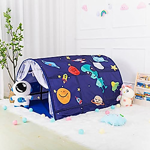 Happy Tent Space Stars Bed Tents for Kids Portable Play Game House Boys Girls Breathable Cottage DIY Inner Pocket Sleeping Toddlers Playhouse with Double Net Curtain & Carry Bag (Blue)