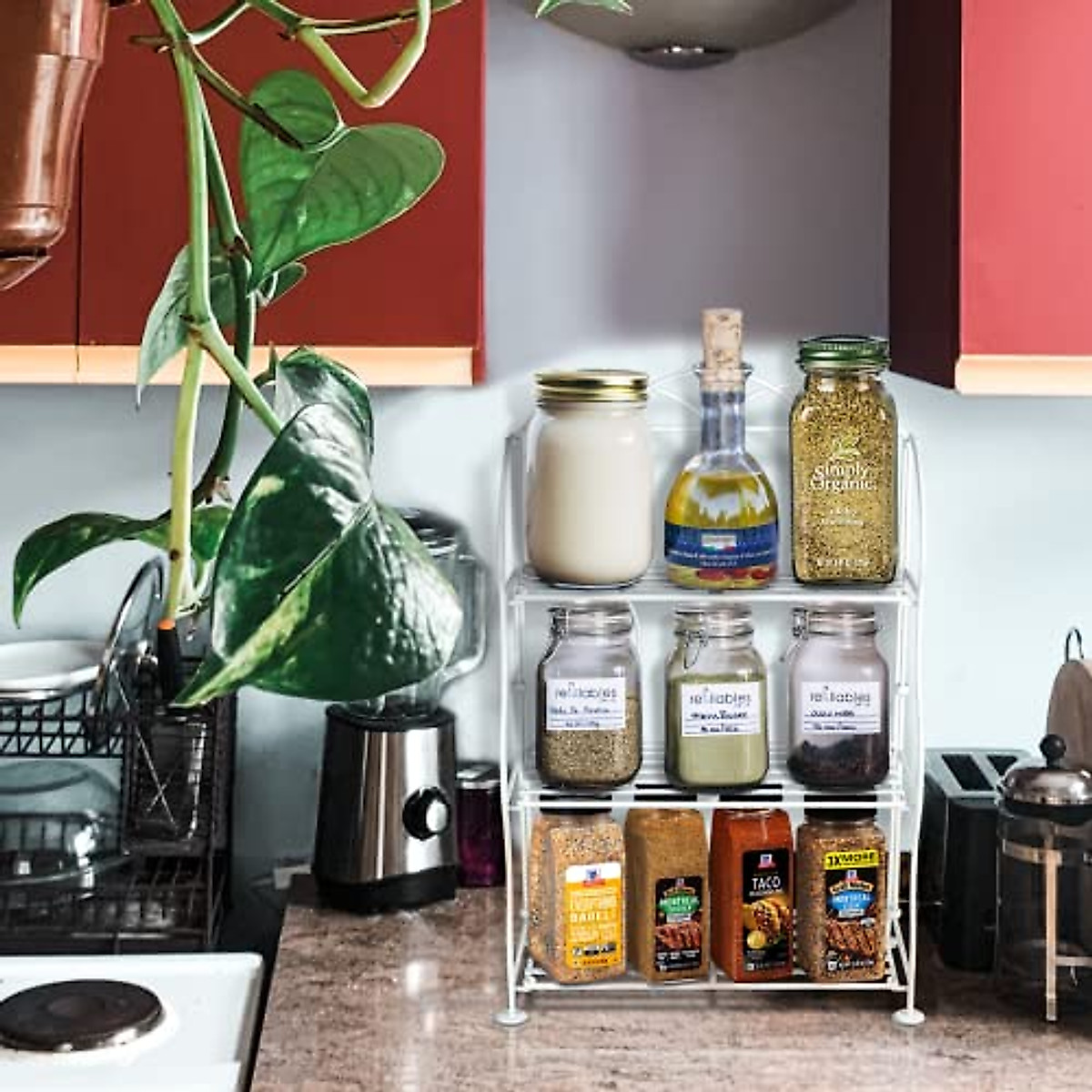 TOBEFORT Spice Rack Organizer for Cabinet, 3-Tier Expandable Countertop Seasoning Rack, Bottle Organizer and Storage for Bathroom Home Kitchen Pantry and Office, Metal, White