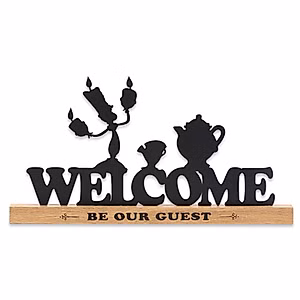 Disney Beauty and the Beast Welcome Be Our Guest Tabletop Decor - Lumiere, Chip, and Mrs. Potts Metal Silhouettes on Natural Wood Base