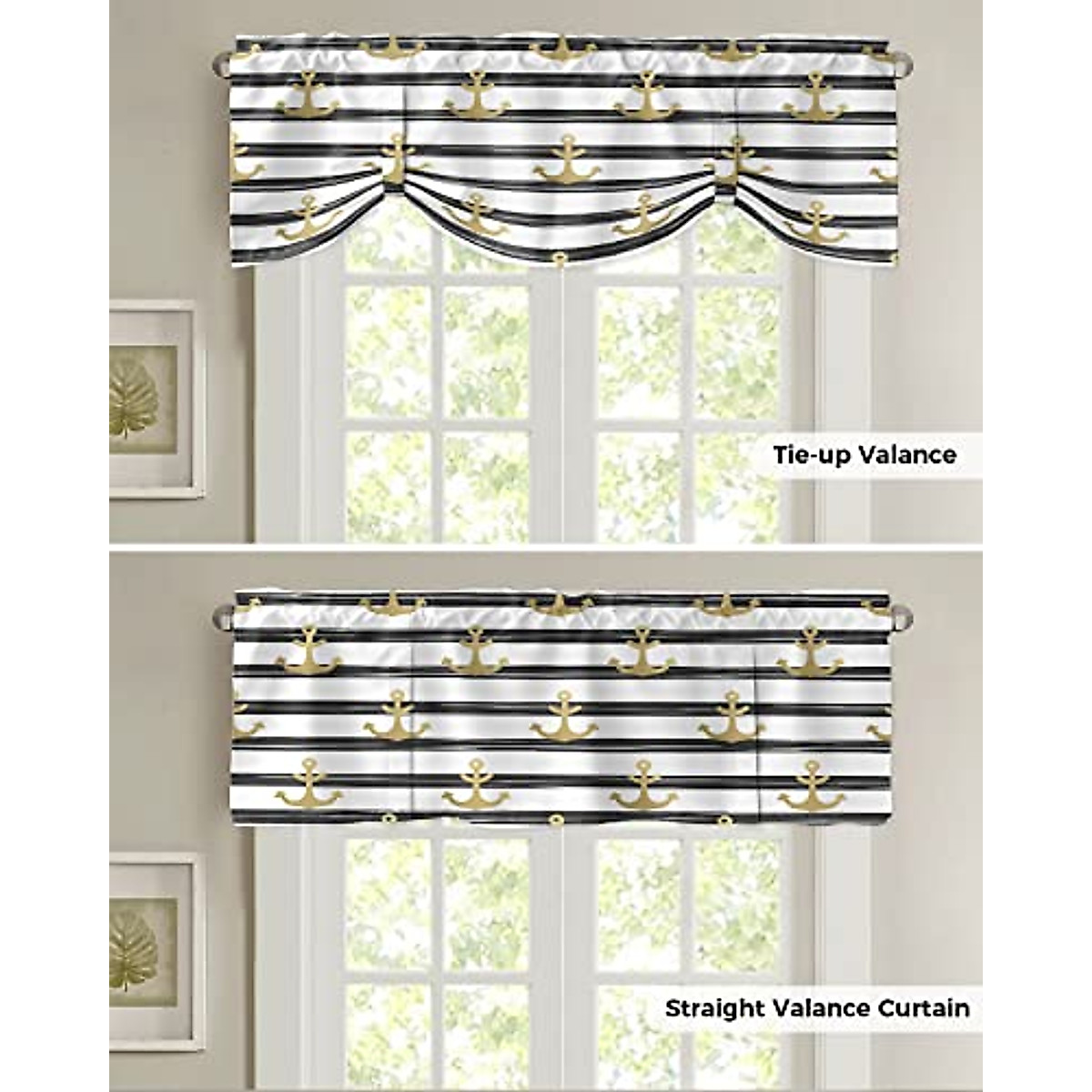 OneHoney Tie Up Curtain Valances Window Topper,Shade Valance for Kitchen Windows Nautical Theme Gold Anchor Rod Pocket Tie-up Curtains Window Treatment Drapes Black White Stripes 1 Panel-42 x18
