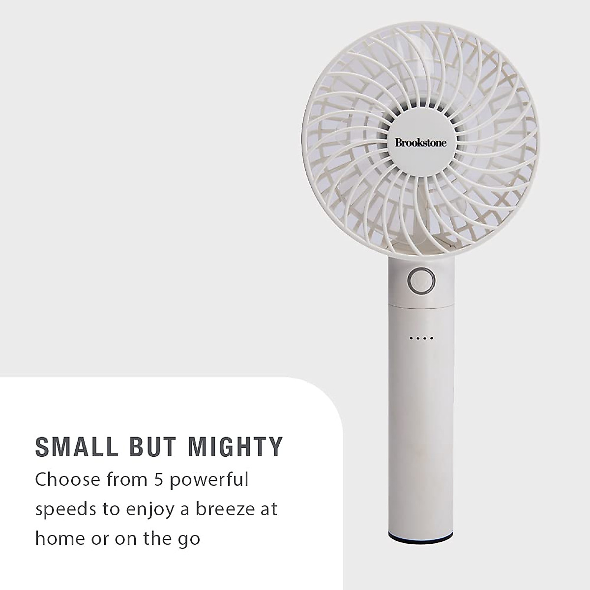 Brookstone Portable Mini Personal Fan with Power Bank | USB Rechargeable 2600mAh Battery | Handheld Desk Fan | Whisper Quiet 5-Speed