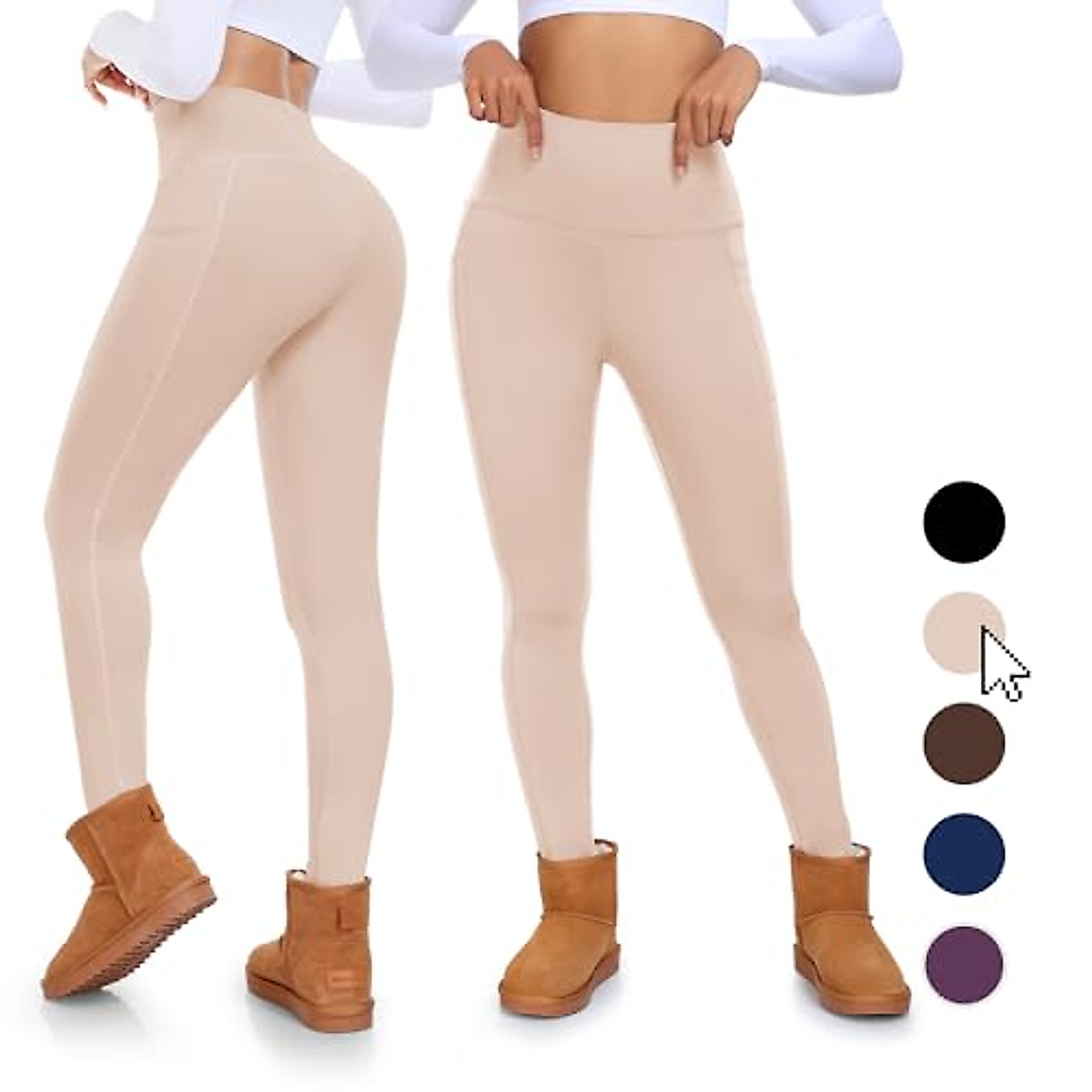 MOREFEEL Fleece Lined Leggings with Pockets for Women High Waisted Thermal Winter Tummy Control Yoga Pants Workout Tights Khaki