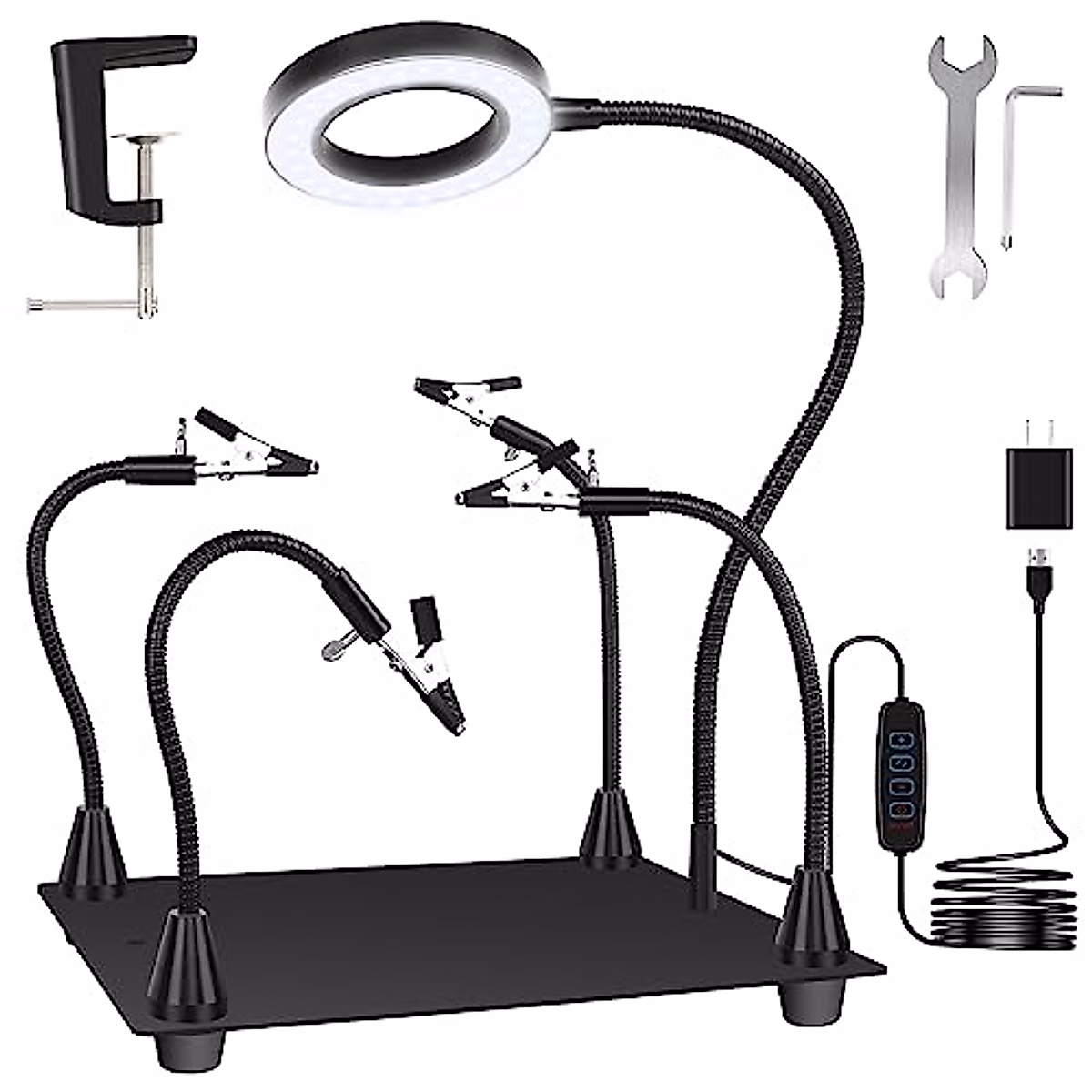 Magnetic Helping Hand, 10X Magnifying Glass with Light and Stand, Upgrade Soldering Helping Hands Station, 4 Flexible Metal Arms Heavy Duty Base Electronic Repair Tool for Soldering