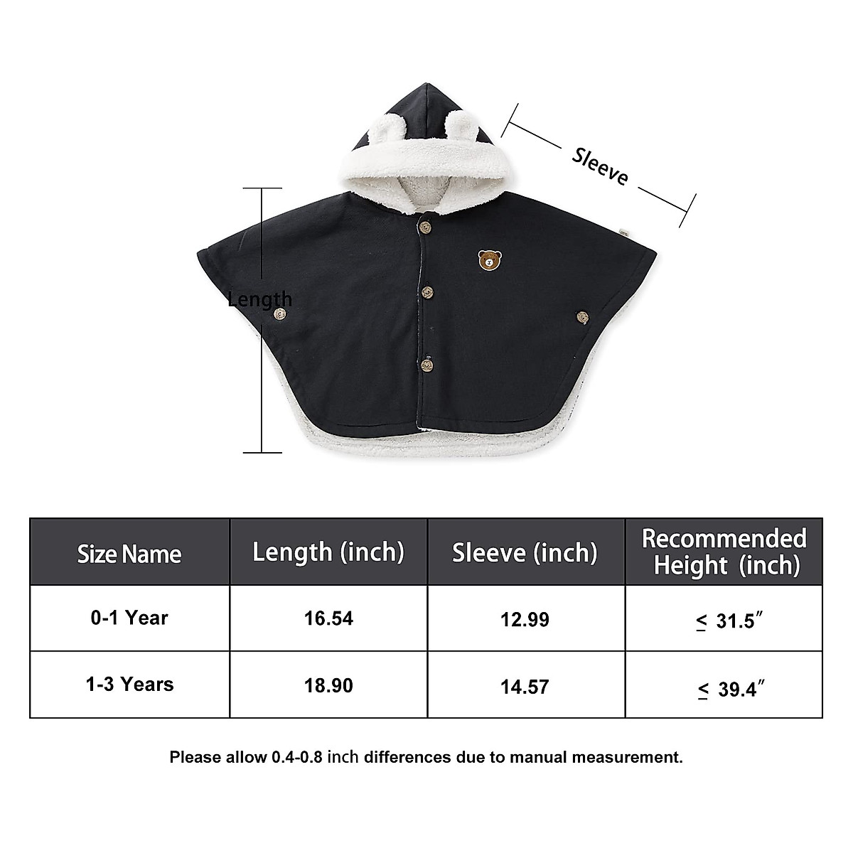 pureborn Toddler Boys Girls Hooded Poncho Cape Cloak Fleece Coat Snowsuit Winter Outfit 1-3 Years Dark Grey Bear