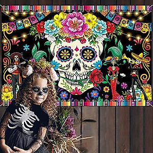 Mexican Day of The Dead Party Decoration Supplies Backdrop Banner for Mexican Fiesta Skull Flowers Photo Booth Background Dia DE Los Muertos for Alebrijes Mexicanos Home Wall Door Decor，5x3FT