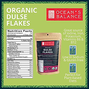 Ocean’s Balance Organic Dulse Flakes - Maine Coast Seaweed - Atlantic Ocean Sea Vegetables, Perfect for Keto Diet, Paleo Diet, Vegetarian Lifestyle or Vegan Diet - Gluten Free - 3oz Bag