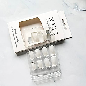 Square White Press on Nails Medium Fake Nails with Silvery Glitter Designs Glossy Full Cover Acrylic False Nails with Rhinestones Designs Reusable Glue on Nails for Women 24PCS