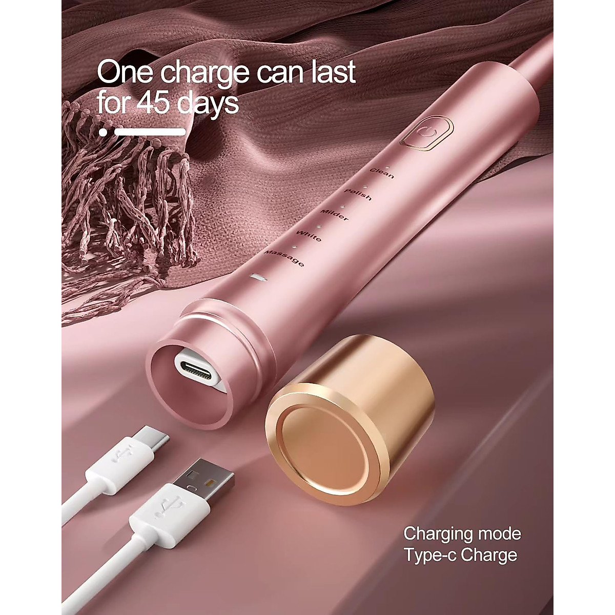 Sonic Electric Toothbrush for Adults, USB Rechargeable Sonic Toothbrush with 8 Brush Heads, Smart Timer, 5 Modes, 2-Hour Fast Charge Last 30 Days, Pink